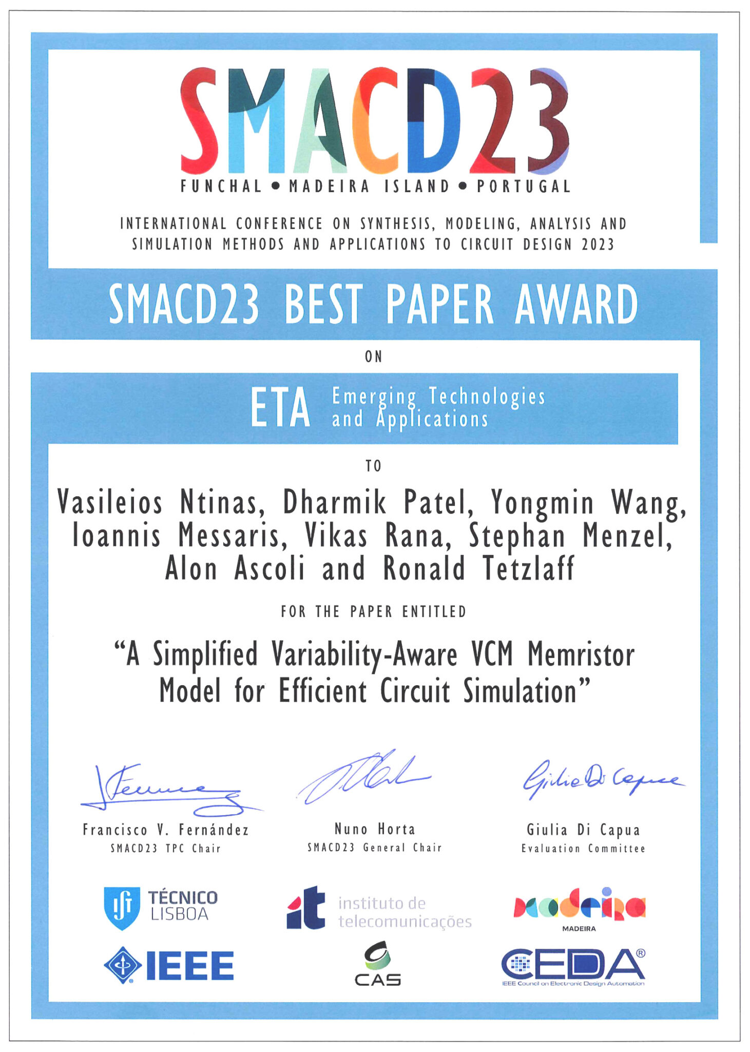 SMACD’23 Best Paper Award for Mem²CNN project – MemrisTec